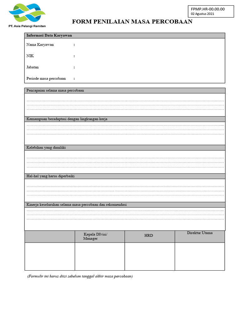 Form 1. Penilaian - Masa - Percobaan | PDF