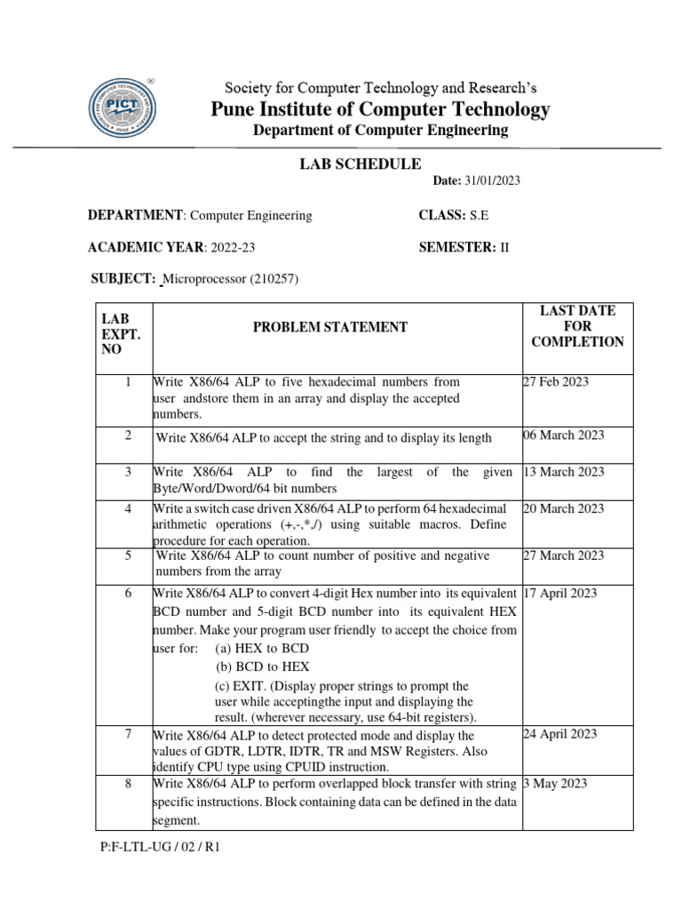 Microprocessor Lab Schedule 2022-23 | PDF