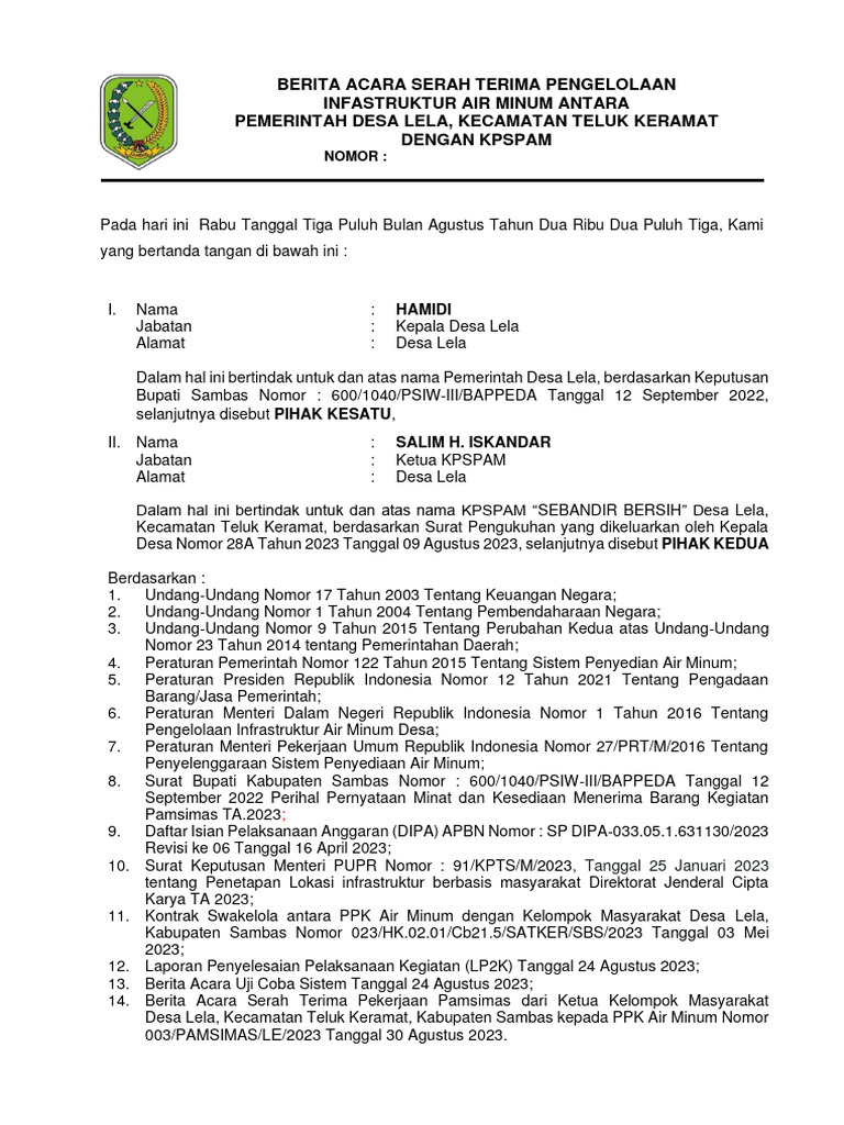 Serah Terima Pengelolaan Air Minum Lela | PDF | Griya & Taman
