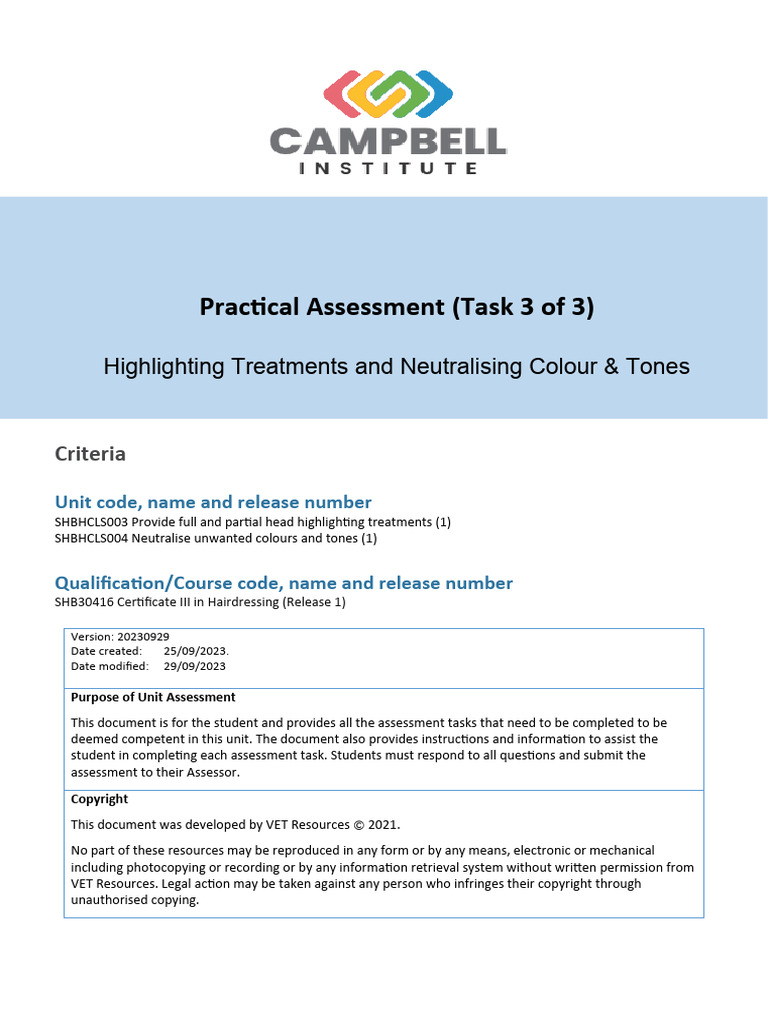Highlighting Treatments and Neutralising Colour Tones- Assessment Task 3 | PDF | Hair | Hairdresser