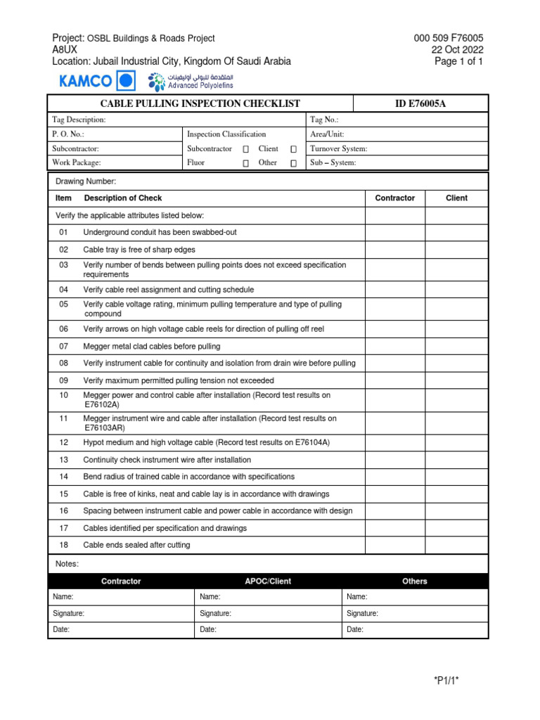 F76005 - Cable Pulling Inspection Checklist | Download Free PDF ... F76005 - Cable Pulling Inspection Checklist | Download Free PDF ...
