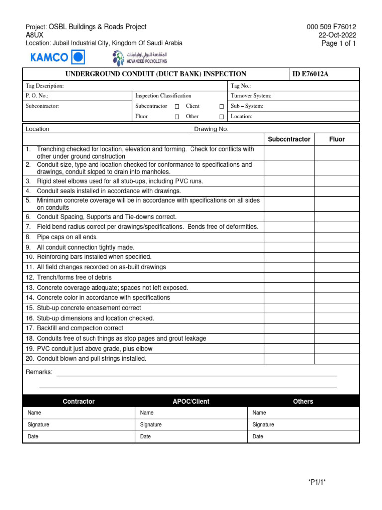 Duct Bank Installation Inspection Checklist | PDF