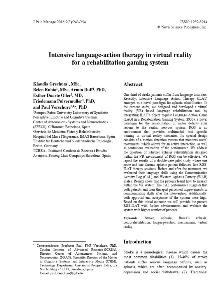 Intensive Language-Action Therapy in Virtual Reality | PDF | Aphasia ...