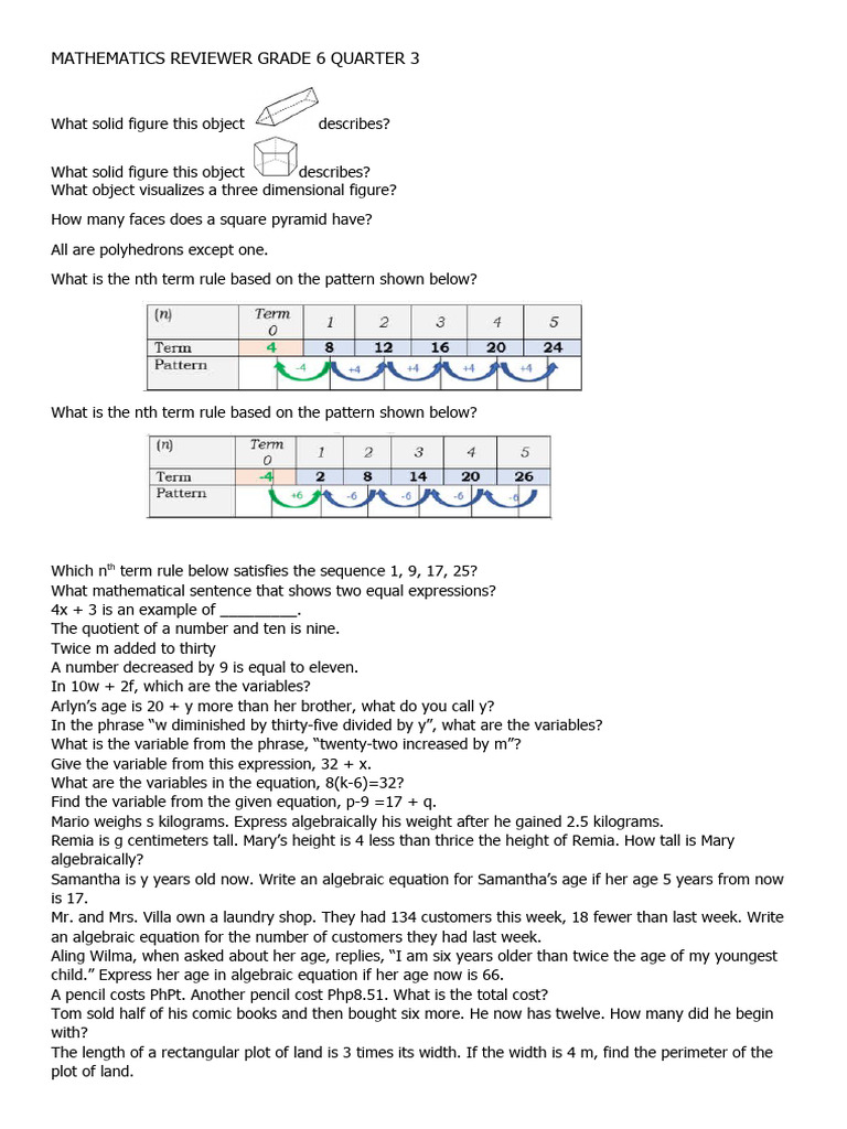 Mathematics Reviwer Grade 6 Quarter 3 | PDF | Area | Speed