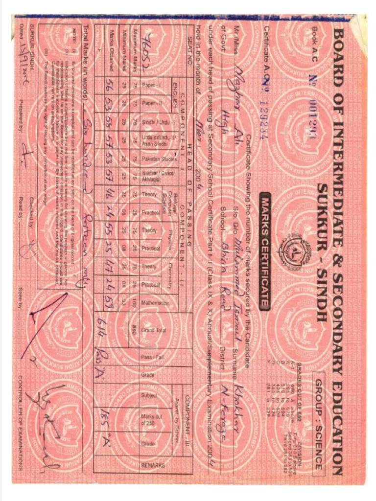 Matric Marks Sheet | PDF