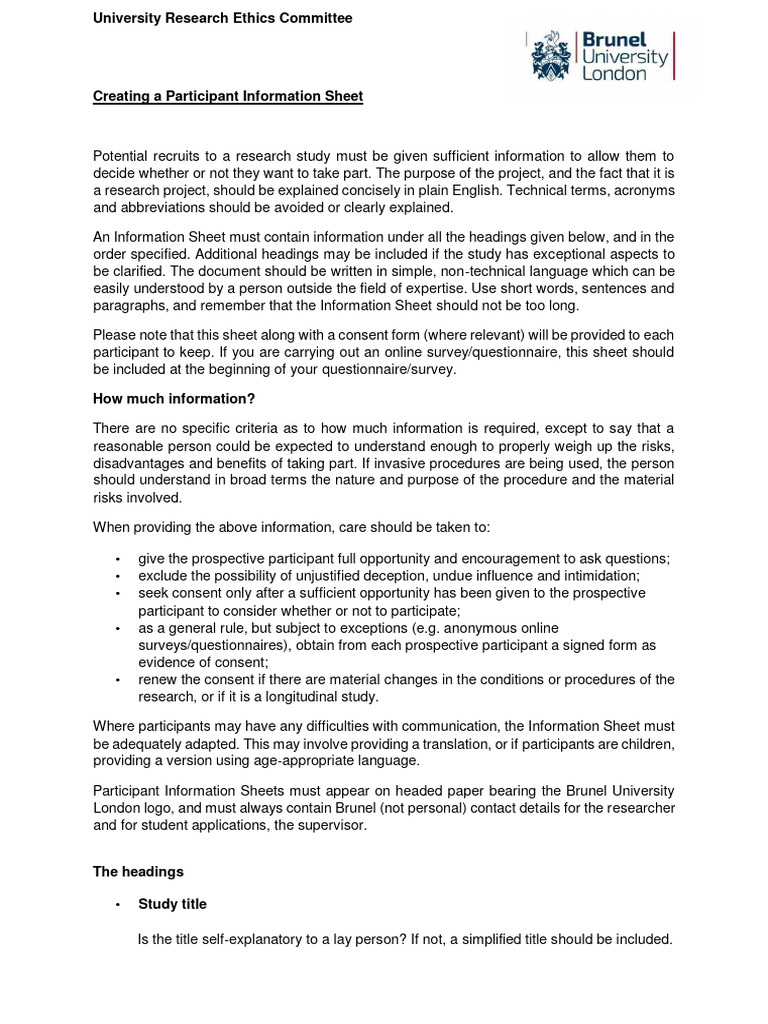 Participant Information Sheet Guidance | PDF | Risk | Informed Consent