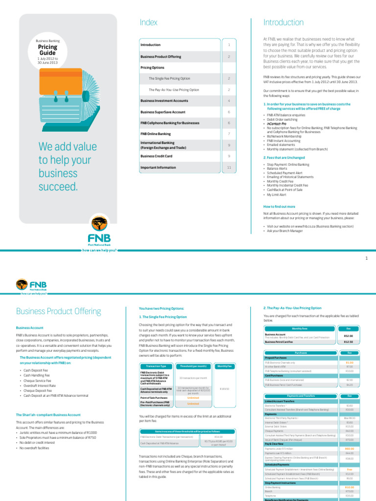 FNB_Business_Pricing_2012 | PDF | Debit Card | Cheque