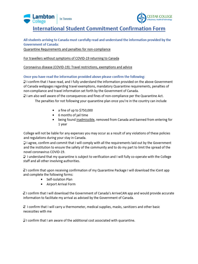International Student Commitment Confirmation Form | PDF