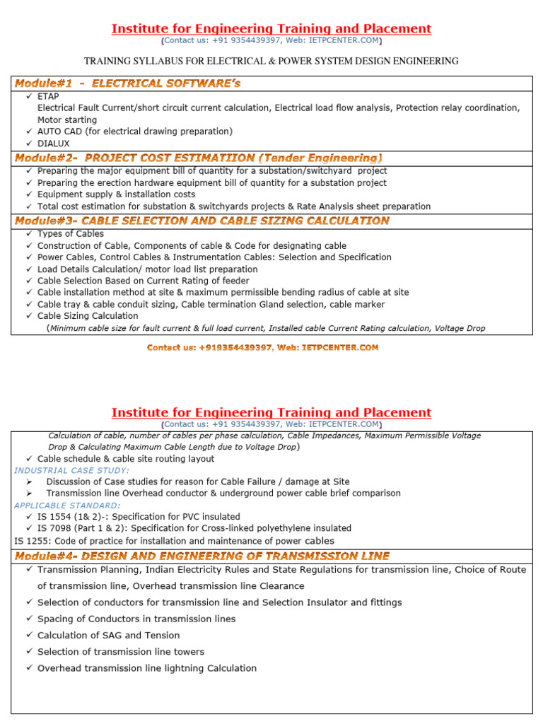 Training Syllabus Electrical Designing | PDF | Electrical Substation | Electric Power Transmission