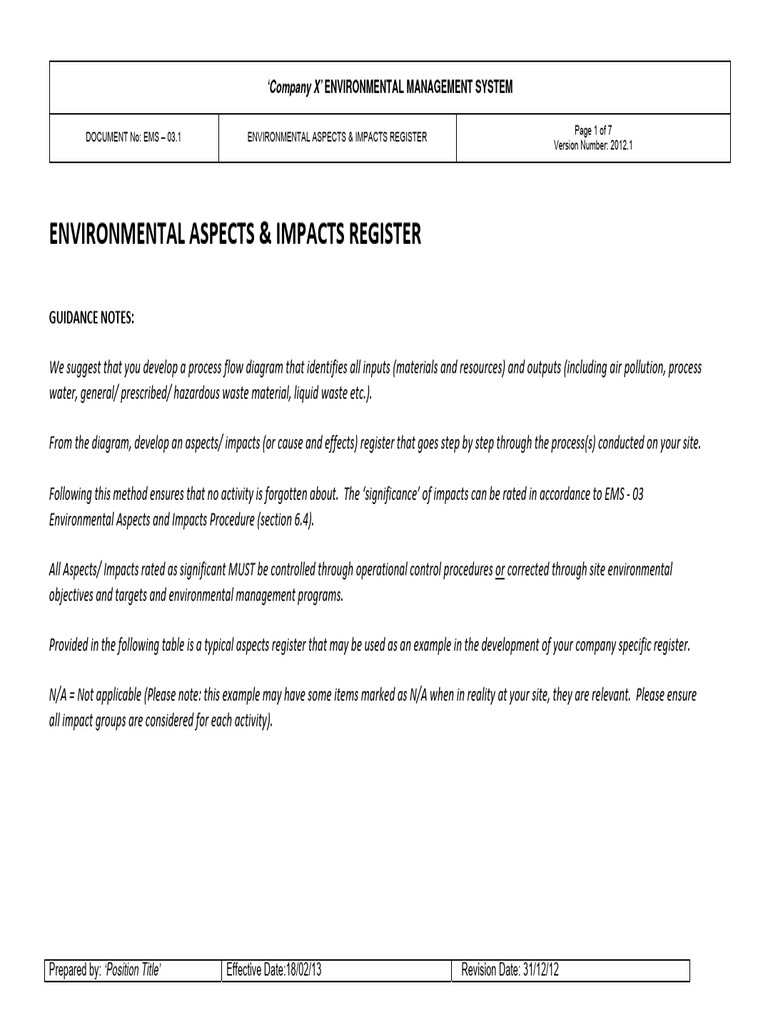 Environmental ASPECT & IMPACTS REGISTER | PDF Environmental ASPECT & IMPACTS REGISTER | PDF