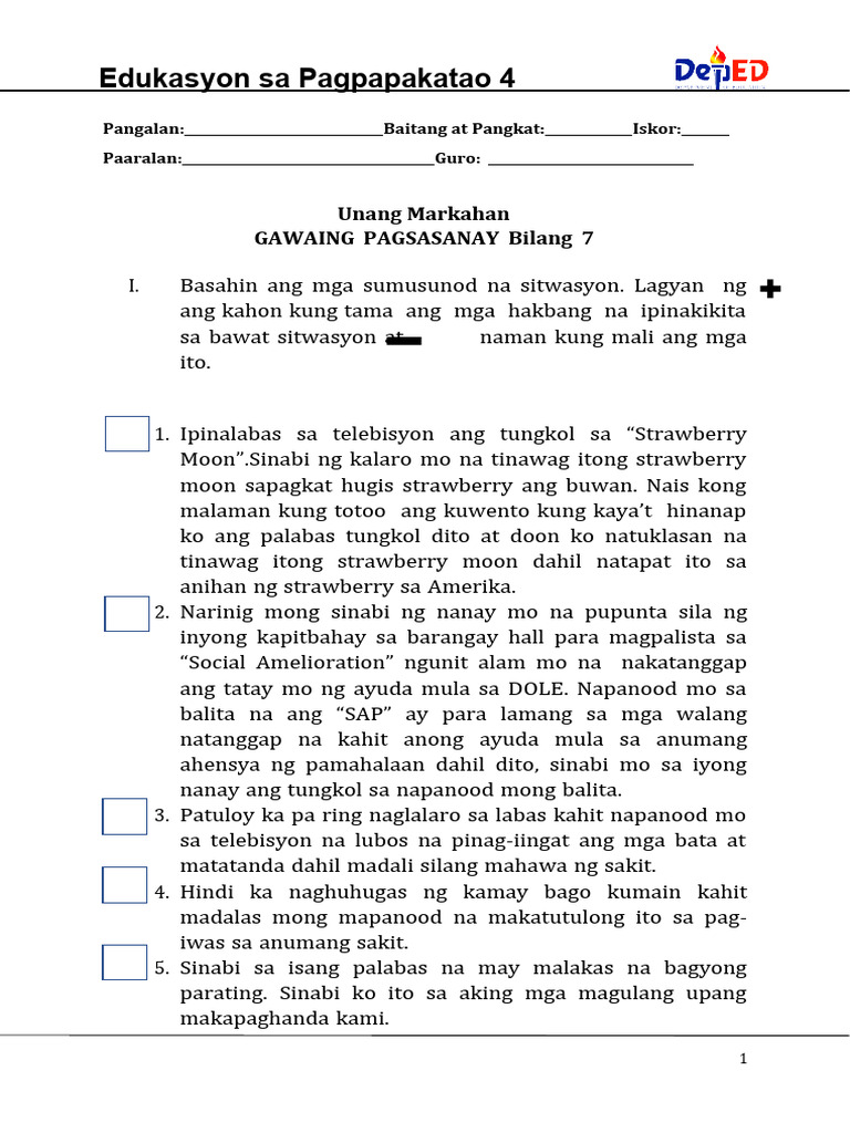 EsP 4-Q1-G.Pagsasanay-7 | PDF