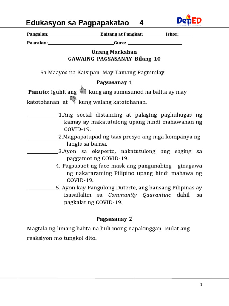 EsP 4-Q1-G.Pagsasanay-10 | PDF