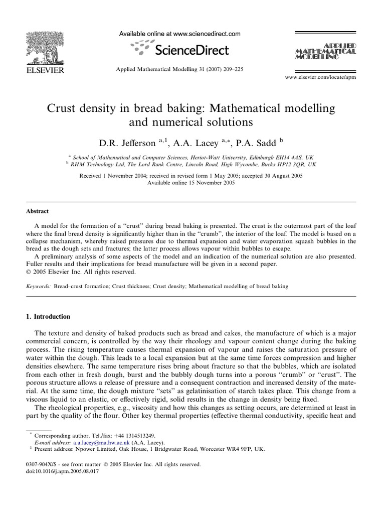 Crust Density in Bread Baking Mathematical Modelli 2007 Applied ...