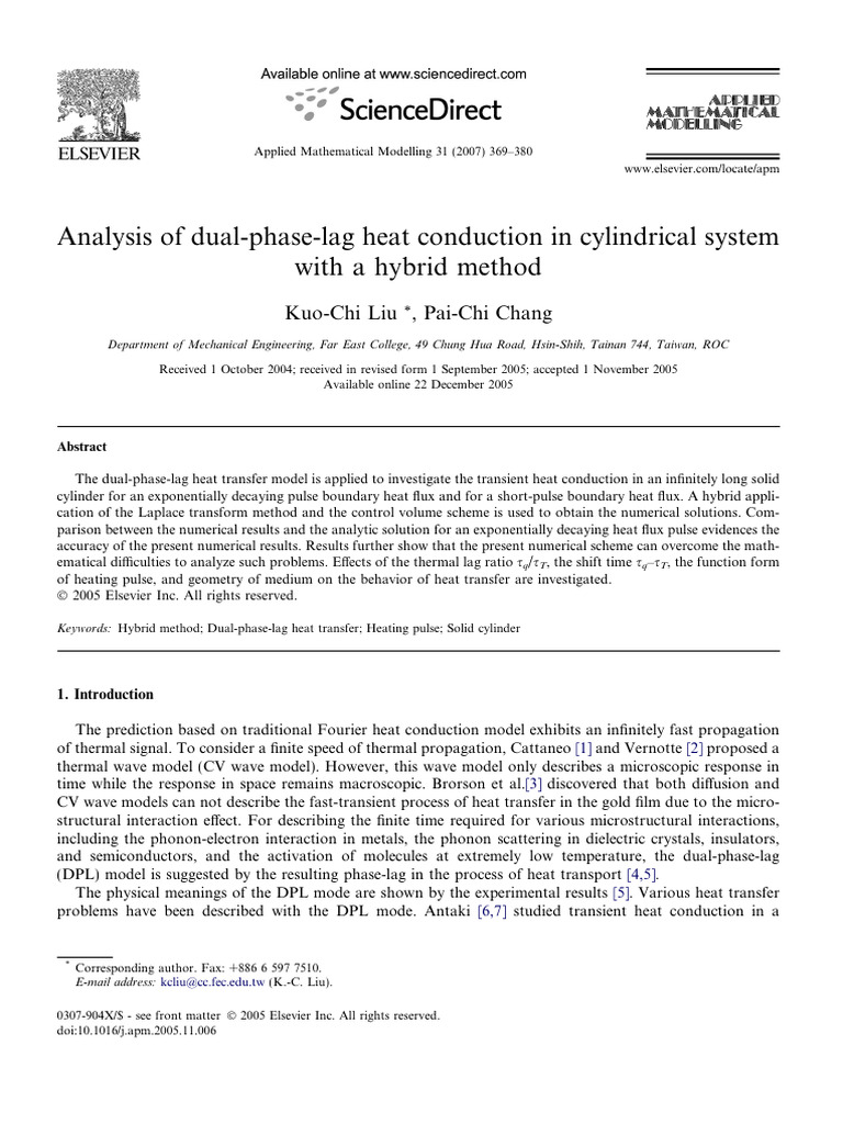 Analysis of Dual Phase Lag Heat Conduction in Cylind - 2007 - Applied Mathematic | PDF | Thermal ...