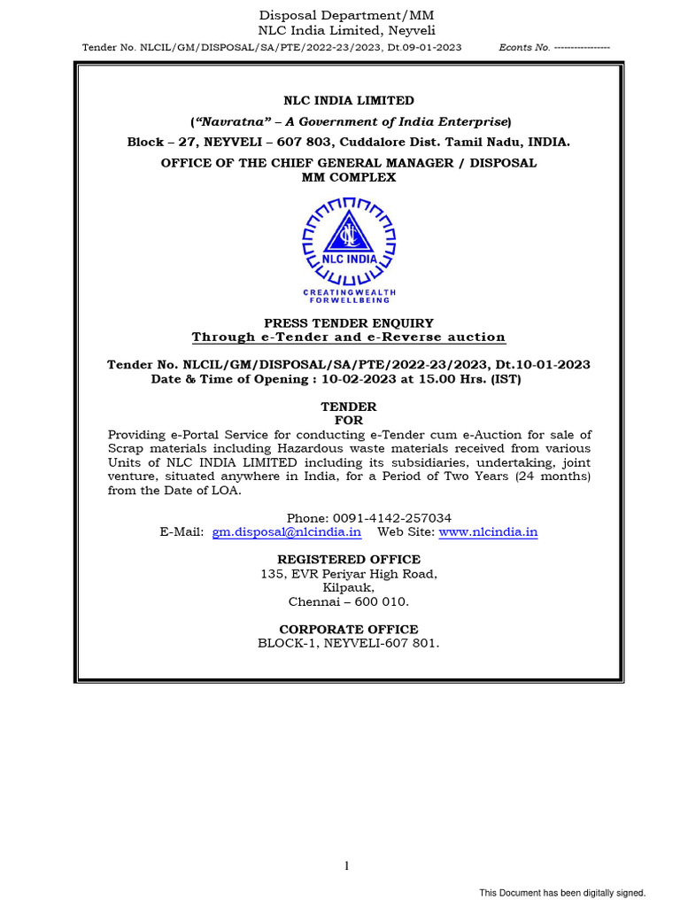 NLC India Scrap Auction e-Tender 2023 | PDF | Business