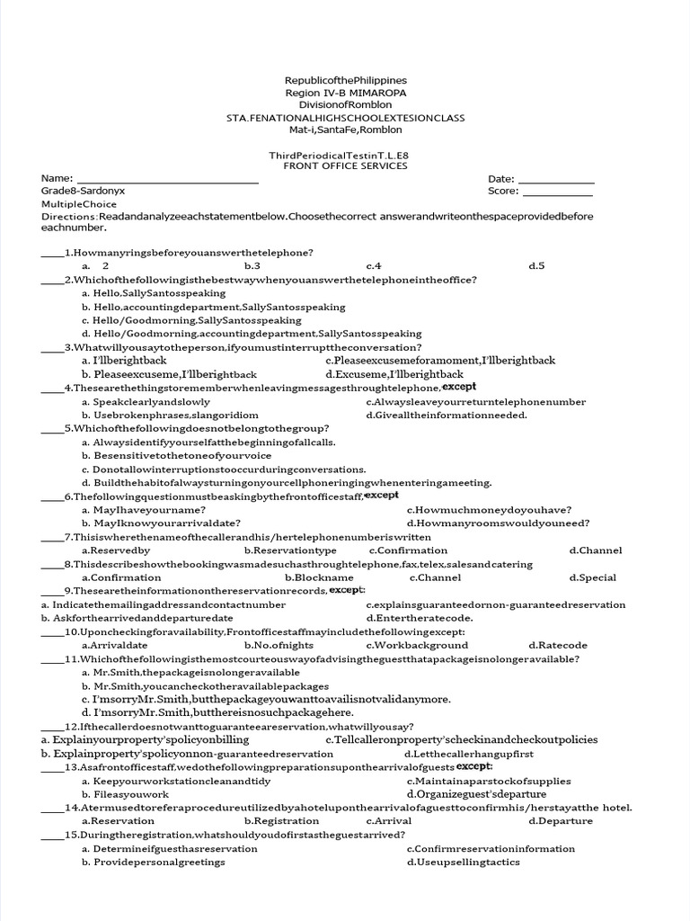 TLE 8 Front Office Services Test | PDF