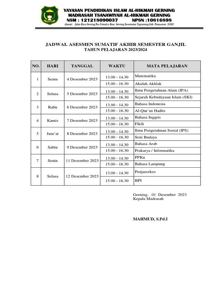 Jadwal Asesmen Sumatif Akhir Ganjil 2023-2024 | PDF