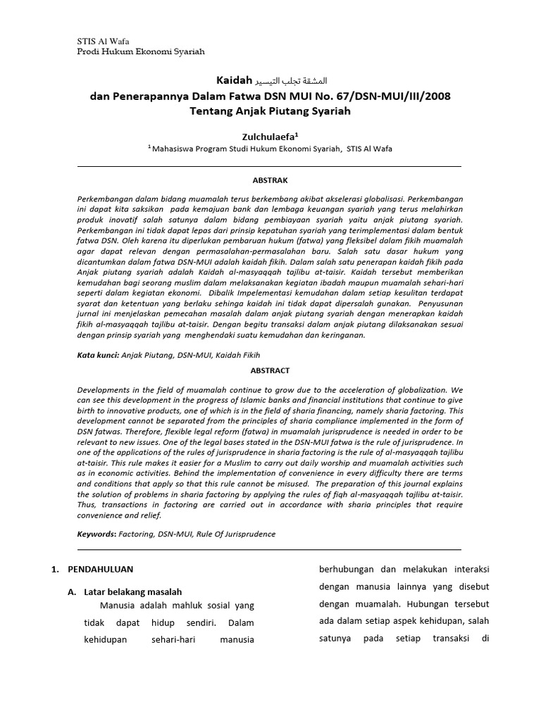 Zulchulaefa - Kaidah المشقة تجلب التيسير dan Penerapannya dalam Fatwa DSN MUI No 67 Tahun 2008 | PDF