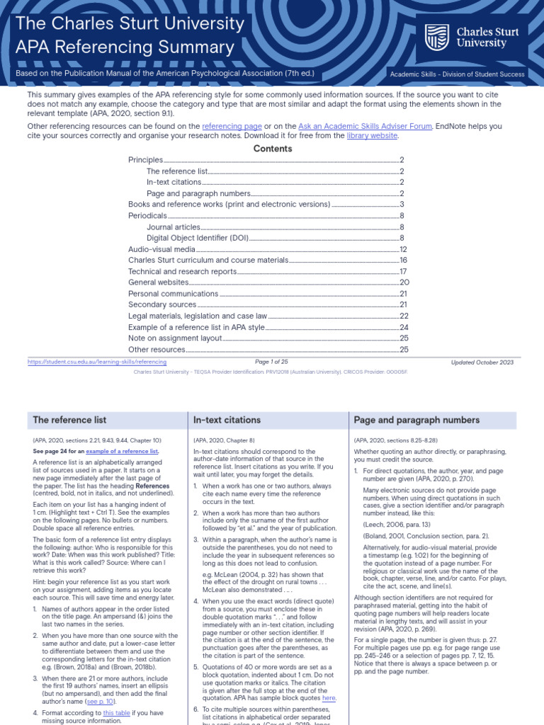 Charles Sturt University APA 7th Ed. Referencing Summary | PDF