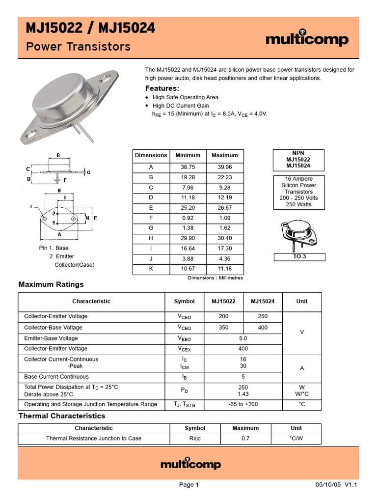 MJ15022 / MJ15024: Power Transistors | PDF