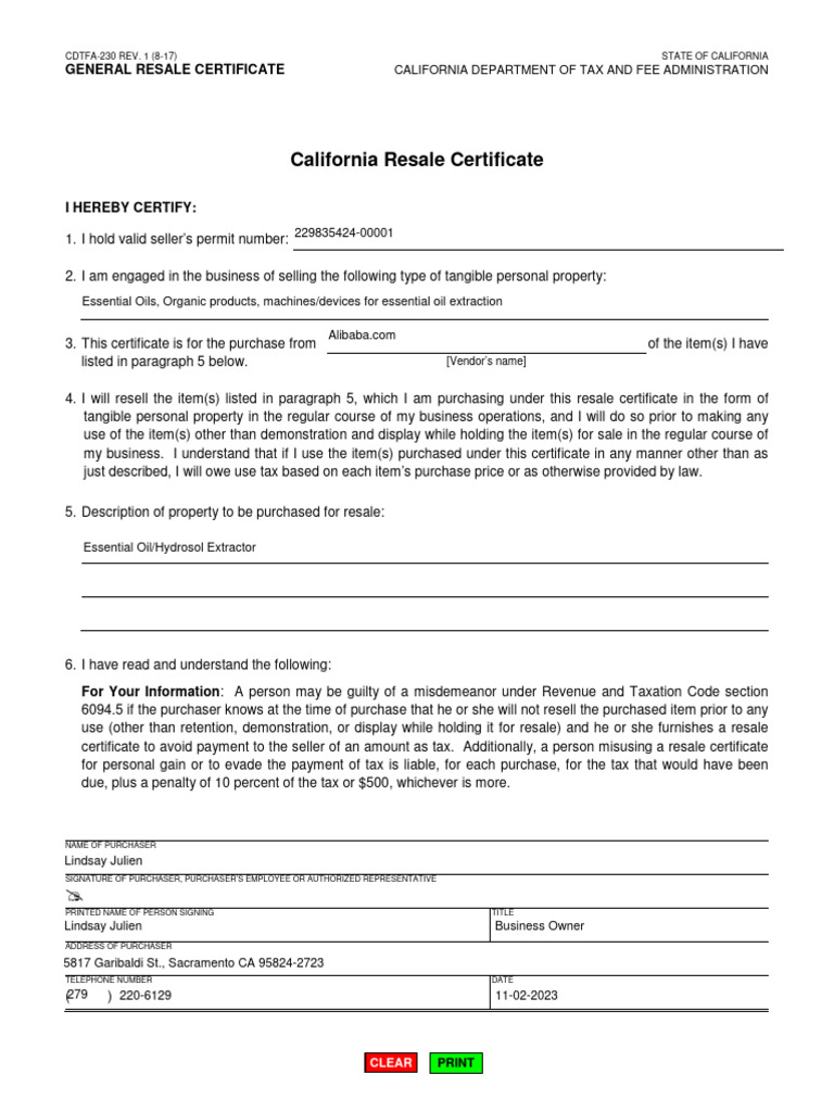 Resale Certificate - State of CA | PDF | Taxes | Use Tax