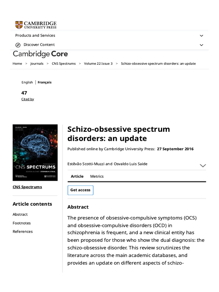Schizo-Obsessive Spectrum Disorders - An Update - CNS Spectrums ...
