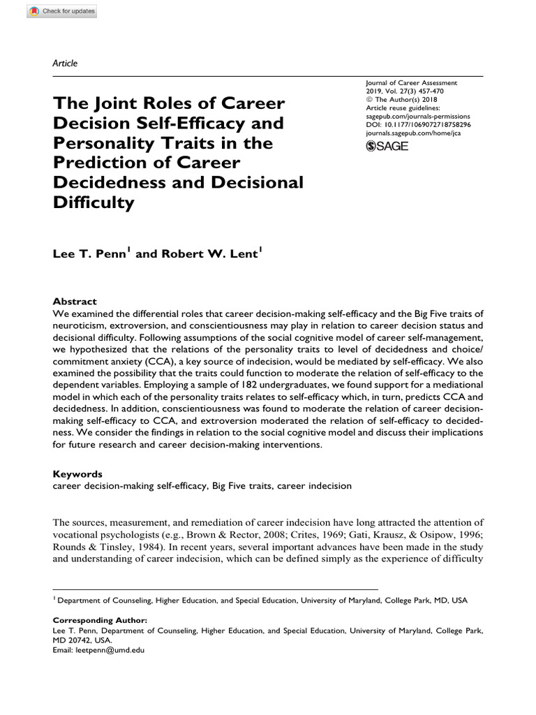 The Joint Roles of Career Decision Self-Efficacy and Personality Traits in The Prediction of ...