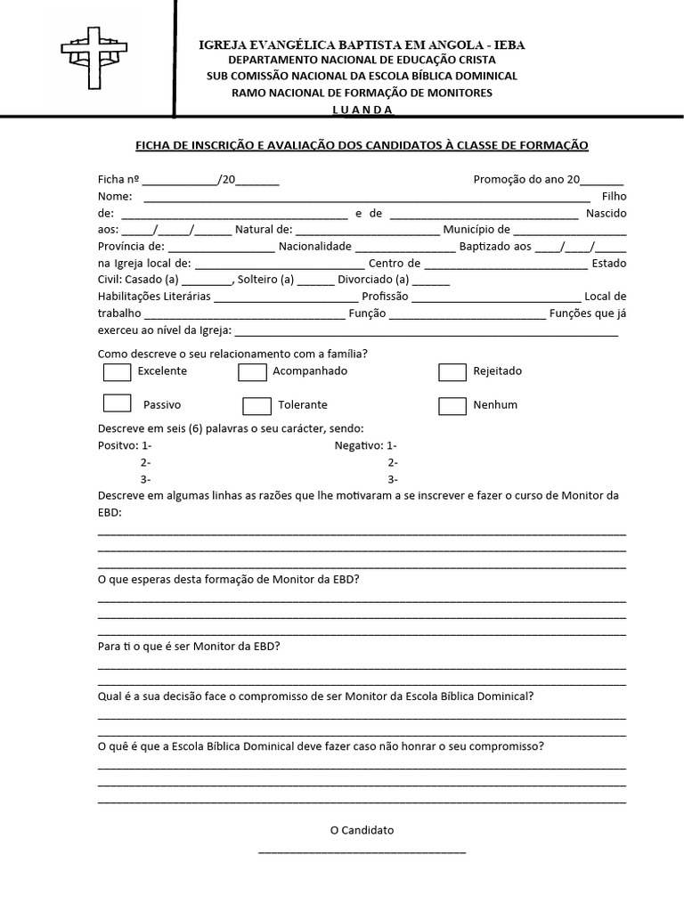 Ficha De Inscrição Ebd Pdf