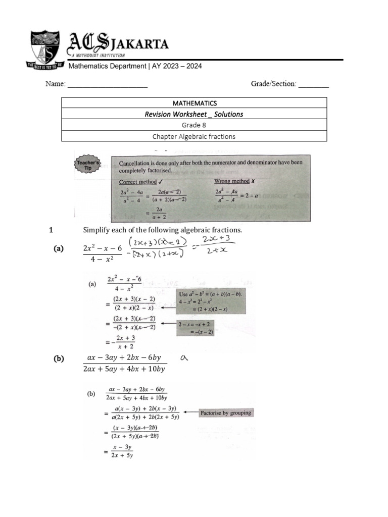 Grade 8 Revision Sheet - Solutions | PDF | Equations | Number Theory
