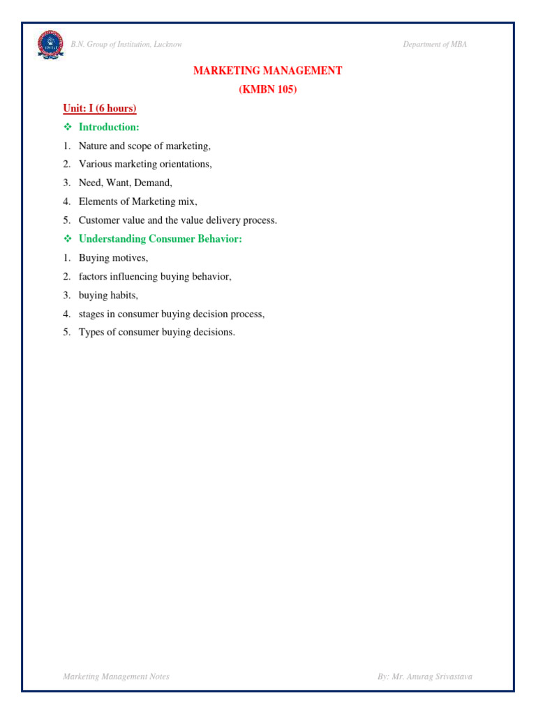UNIT I - Marketing Management (KMBN 105) | PDF
