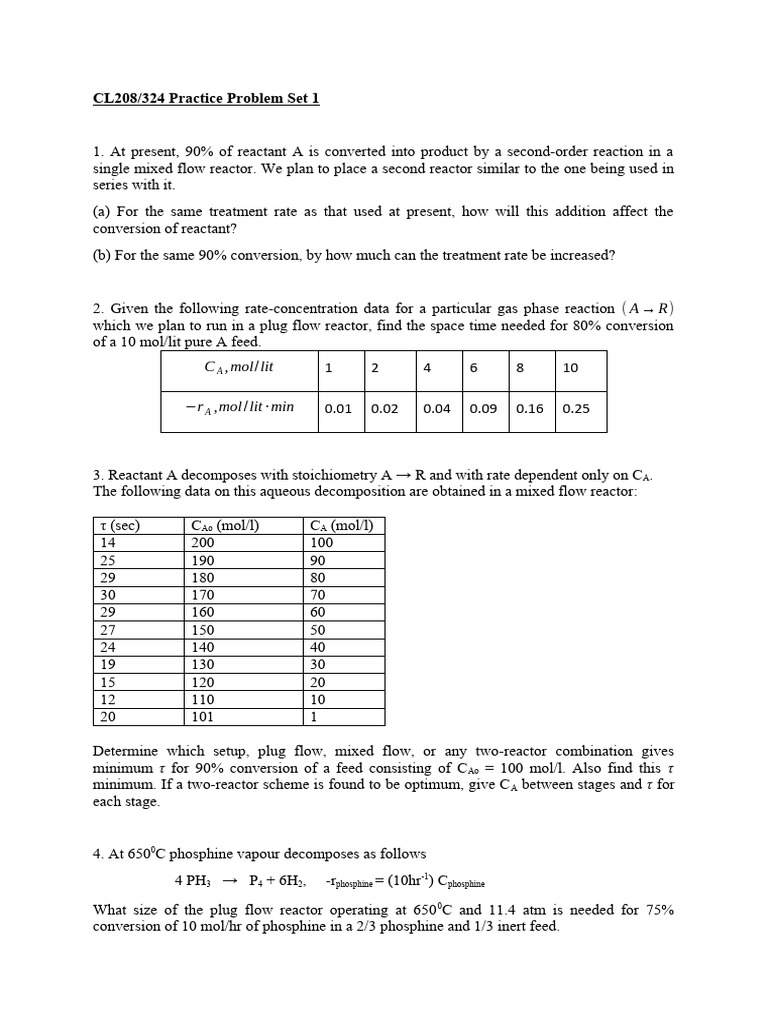 Practice Problem Set 1 | PDF | Chemical Reactor | Process Engineering