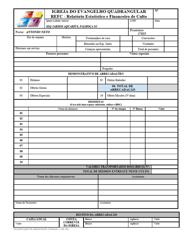 REFC-Relatorio Estatistico e Financeiro Do Culto | PDF