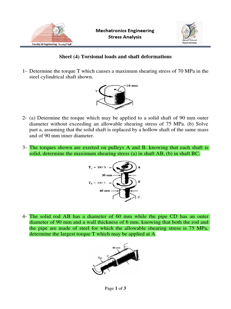 Sheet 4 Torsional Loads and Shaft Deformations - Mechatronics | PDF ...