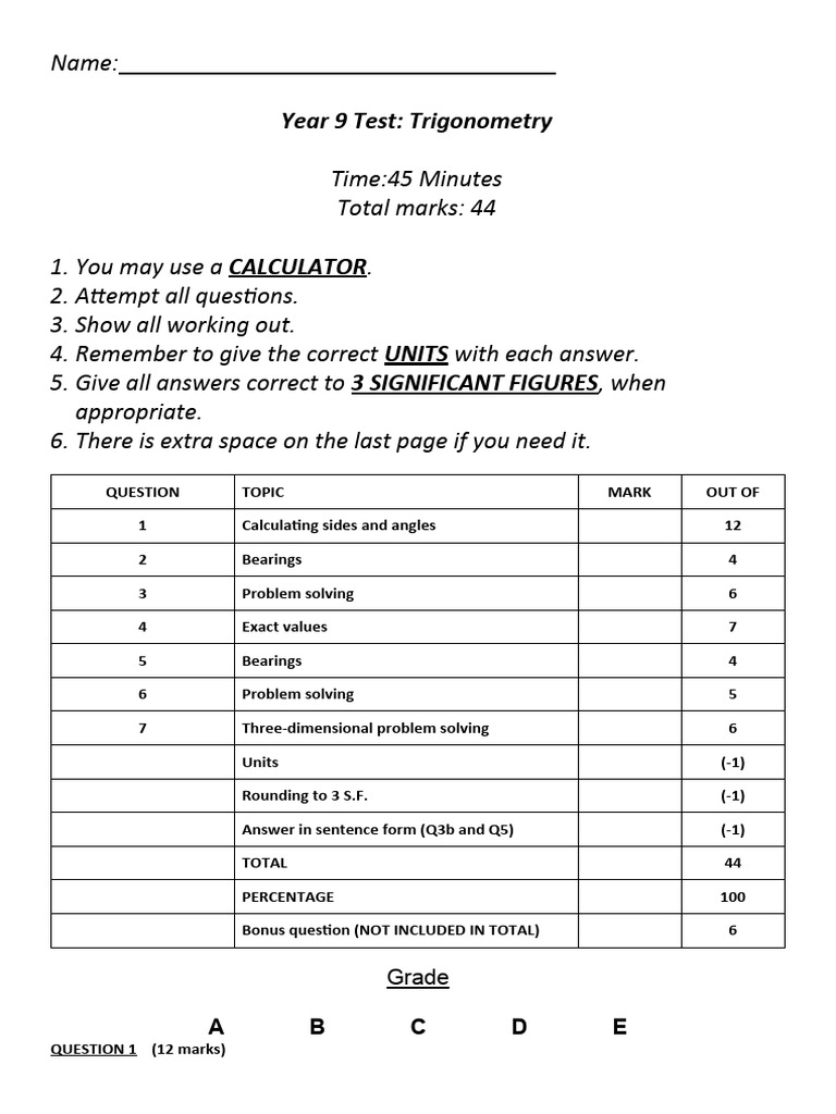 2018-11 Trigonometry TEST | PDF