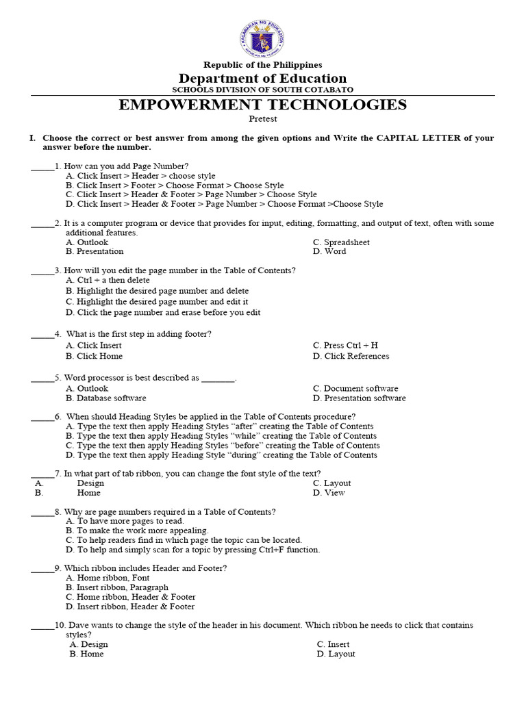 2023 2nd Qtr Pre-test Empowerment Technologies | PDF | Infographics ...