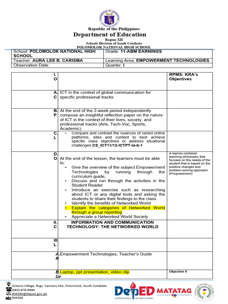 2023 COT (First Quarter) | PDF | Learning | Educational Technology