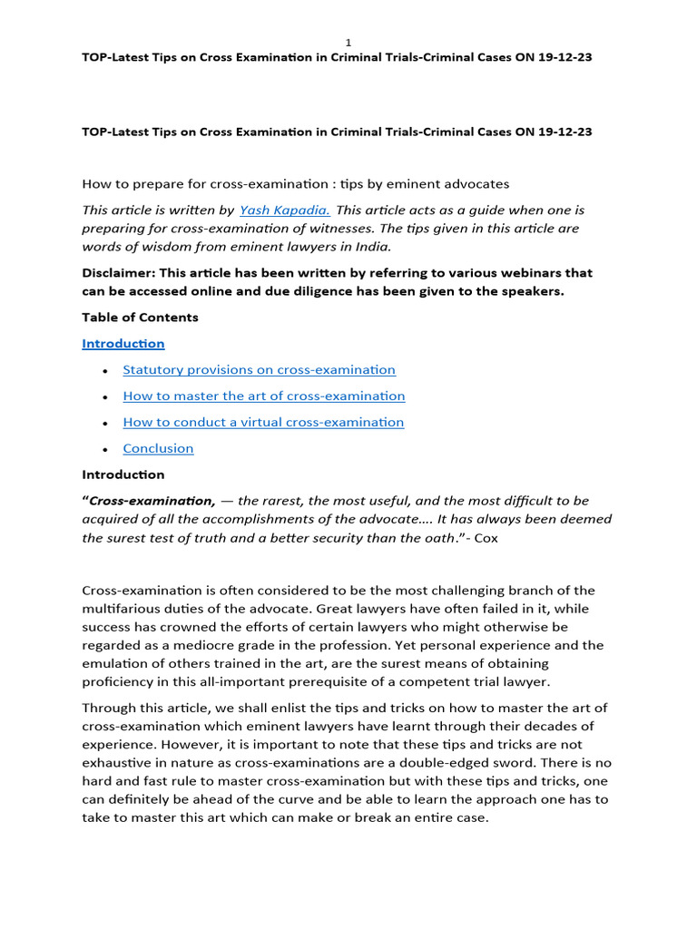 Fundamental Tips On Cross Examination in Criminal A Trials | PDF | Law