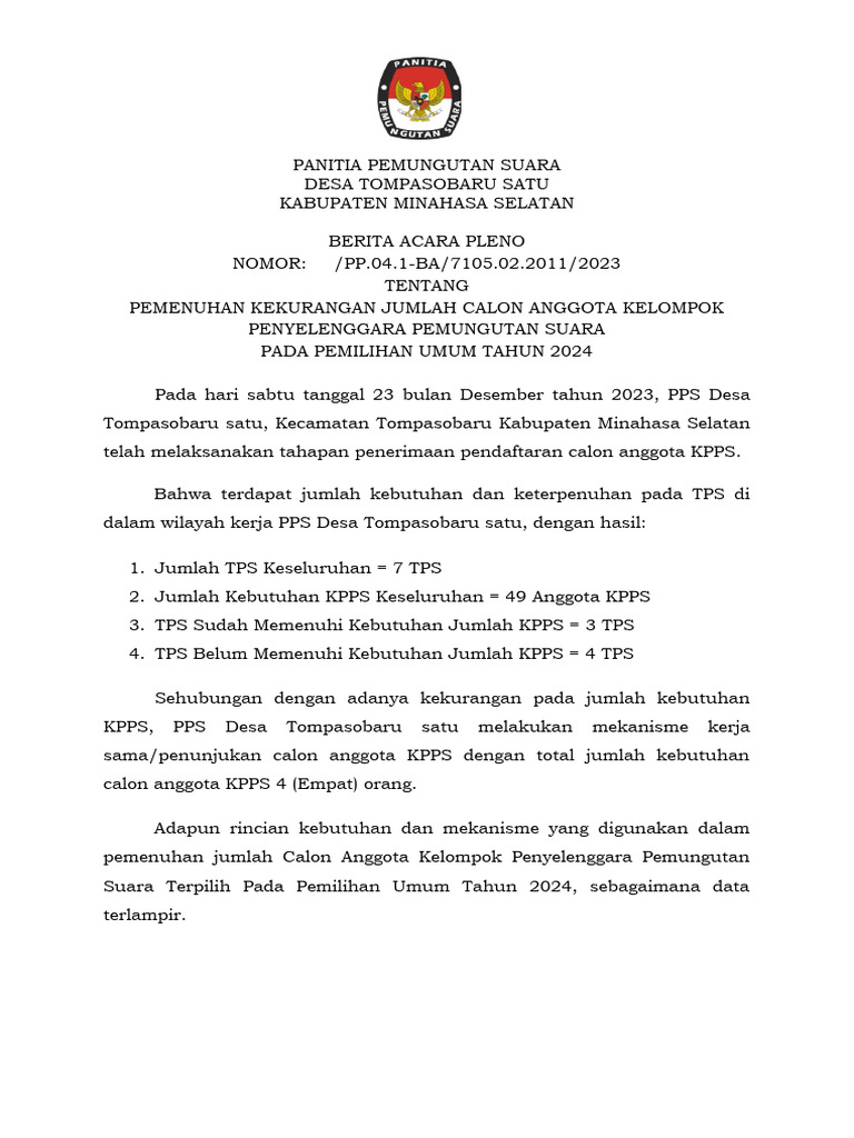 9 Berita Acara PPS Pemenuhan Calon KPPS - 114824 | PDF