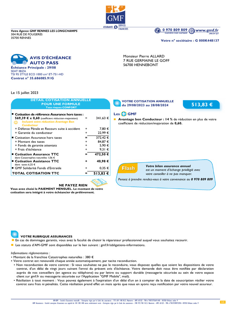 Avis d'échéance Auto Pass GMF 2023 | PDF | Assurance | Sécurité