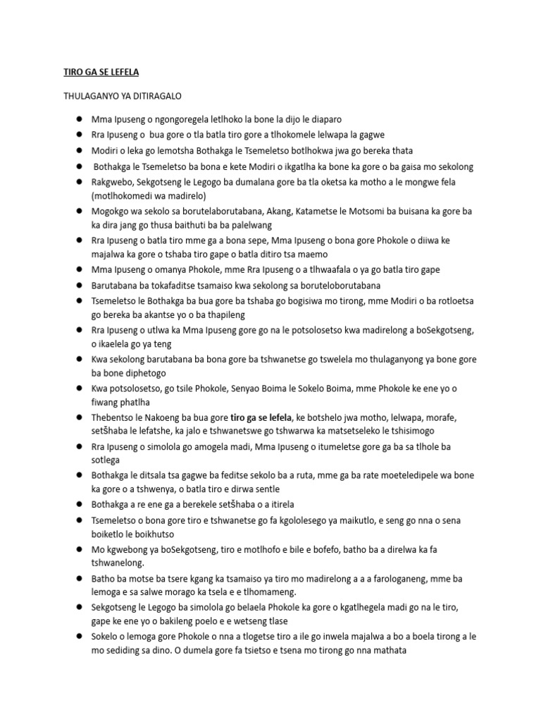 Tiro Ga Se Lefela - Thulaganyo Ya Ditiragalo Le Botho Jwa Baanelwa | PDF