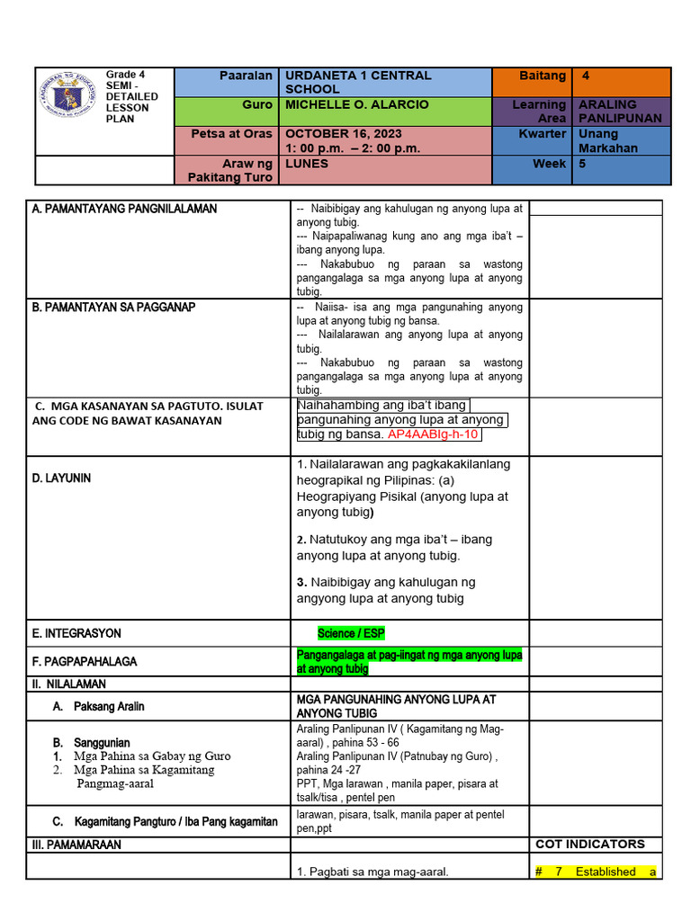 COT 1 - 1st - Quarter - ARALING PANLIPUNAN 4 - MICHELLE-ALARCIO | PDF
