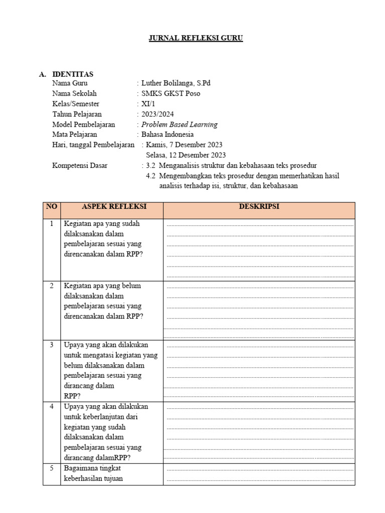 Jurnal Refleksi Guru | PDF | Seni