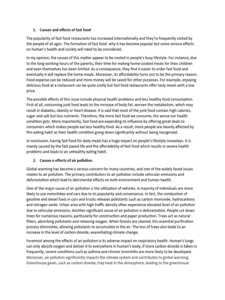 Causes and Effects Essays | PDF | Air Pollution | Atmosphere Of Earth