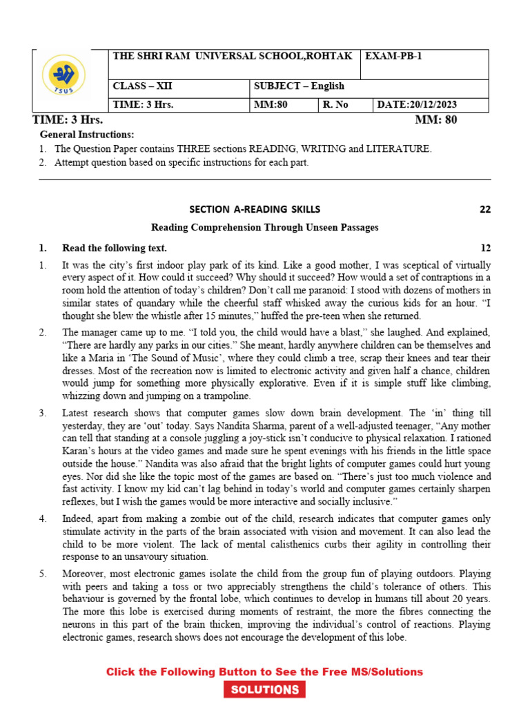 Eng Samplepaper 12 TH HHW | PDF