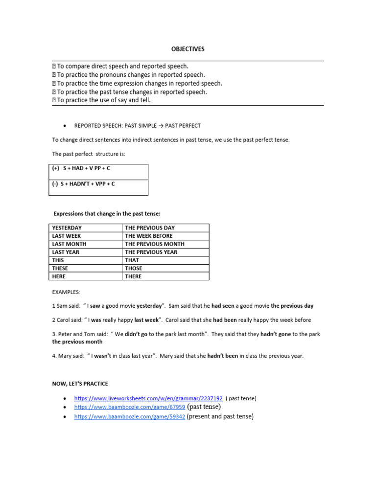 Reported Speech Past Tense | PDF