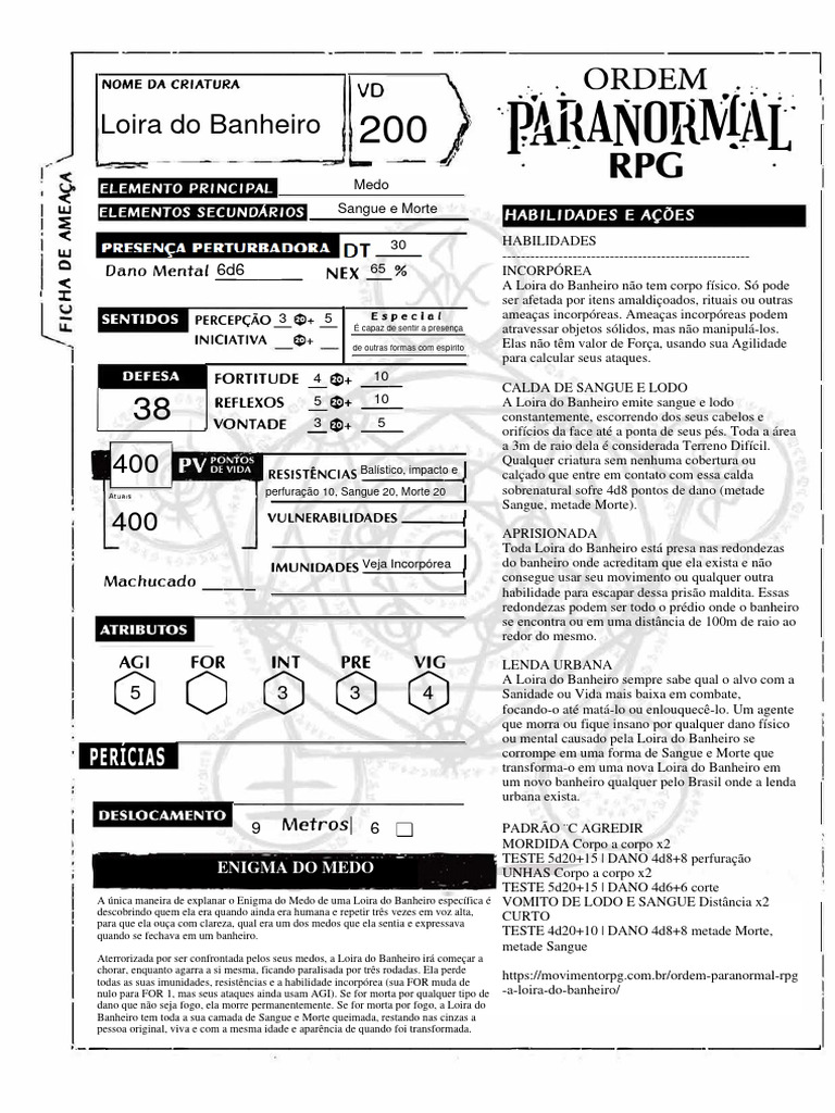 Ficha da Loira do Banheiro RPG | PDF