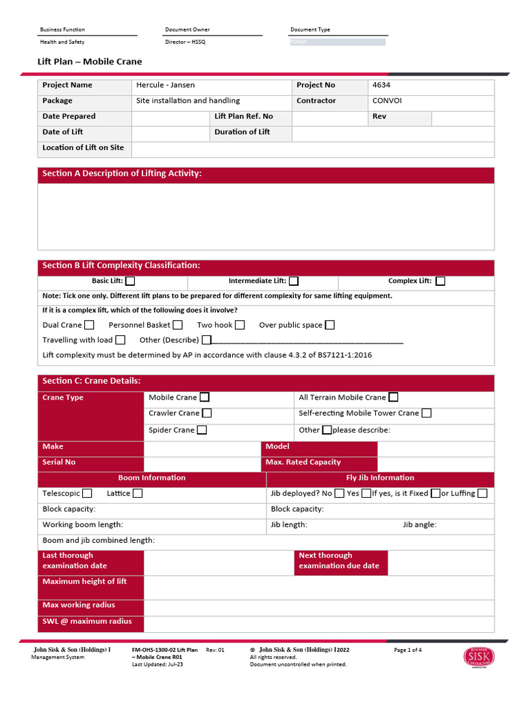FM-OHS-1300-02 Lift Plan - Mobile Crane R01 | PDF | Crane (Machine ...