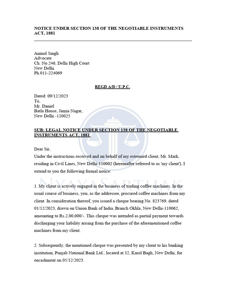 Legal Notice under Section 138 NI Act | PDF | Cheque | Negotiable ...