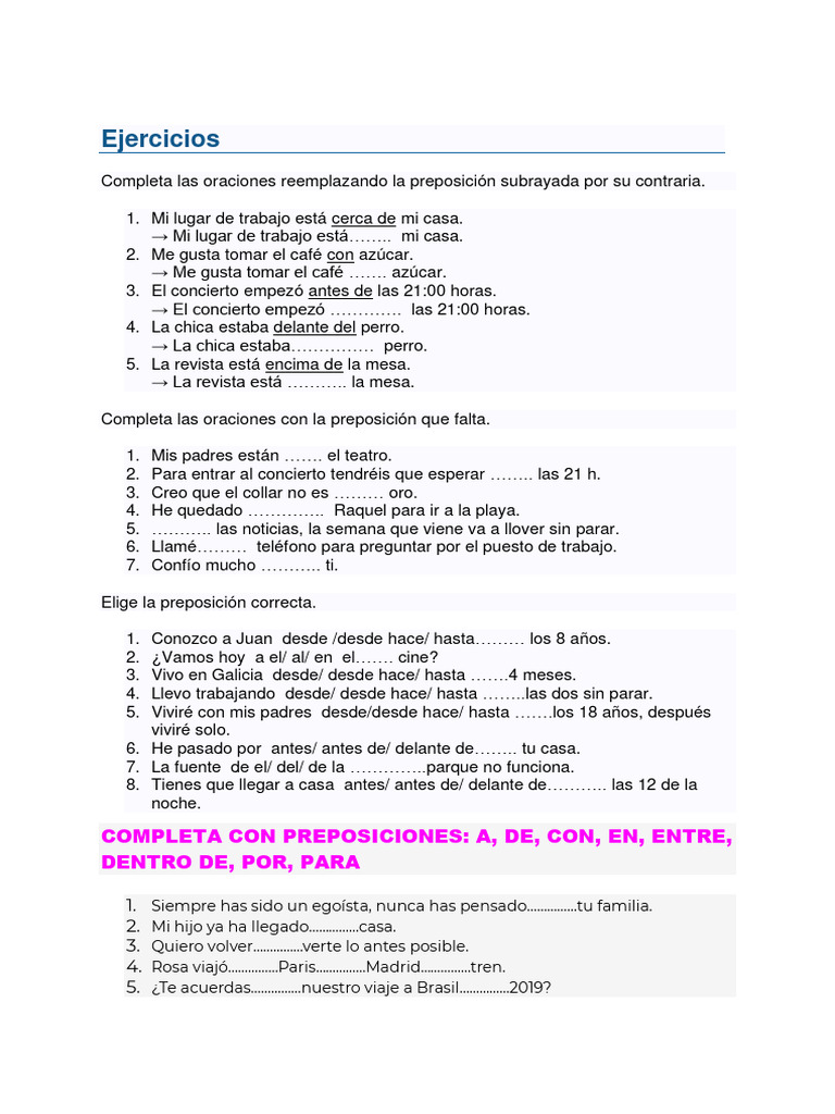 Ejercicios Preposiciones | PDF