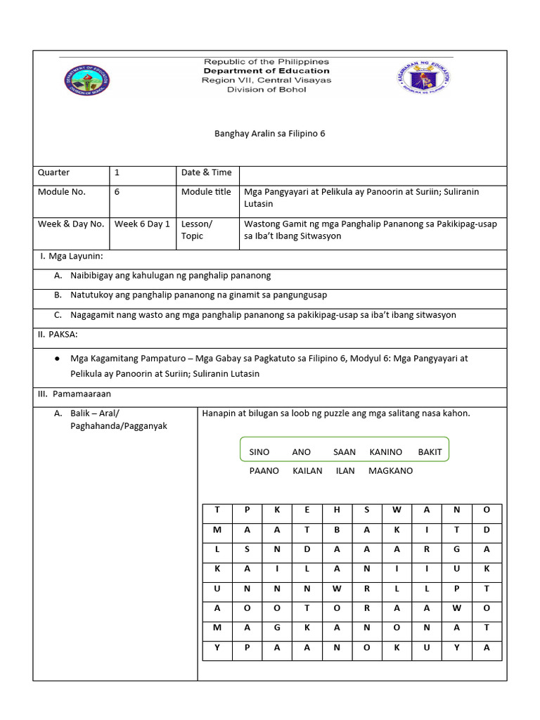 Daily Lesson Guide in Fil. 6 W6 Day1 4 | PDF